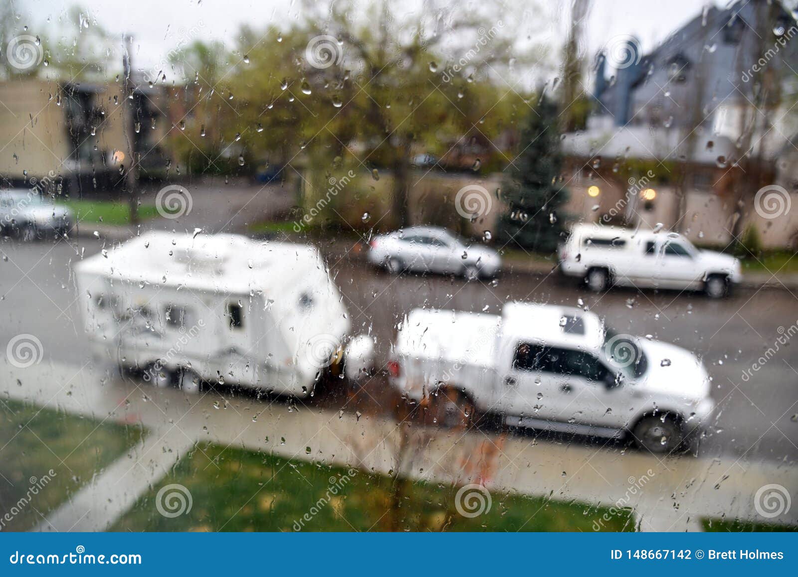 Camping Trailer in Rain with Droplets on Window Stock Photo - Image of ...