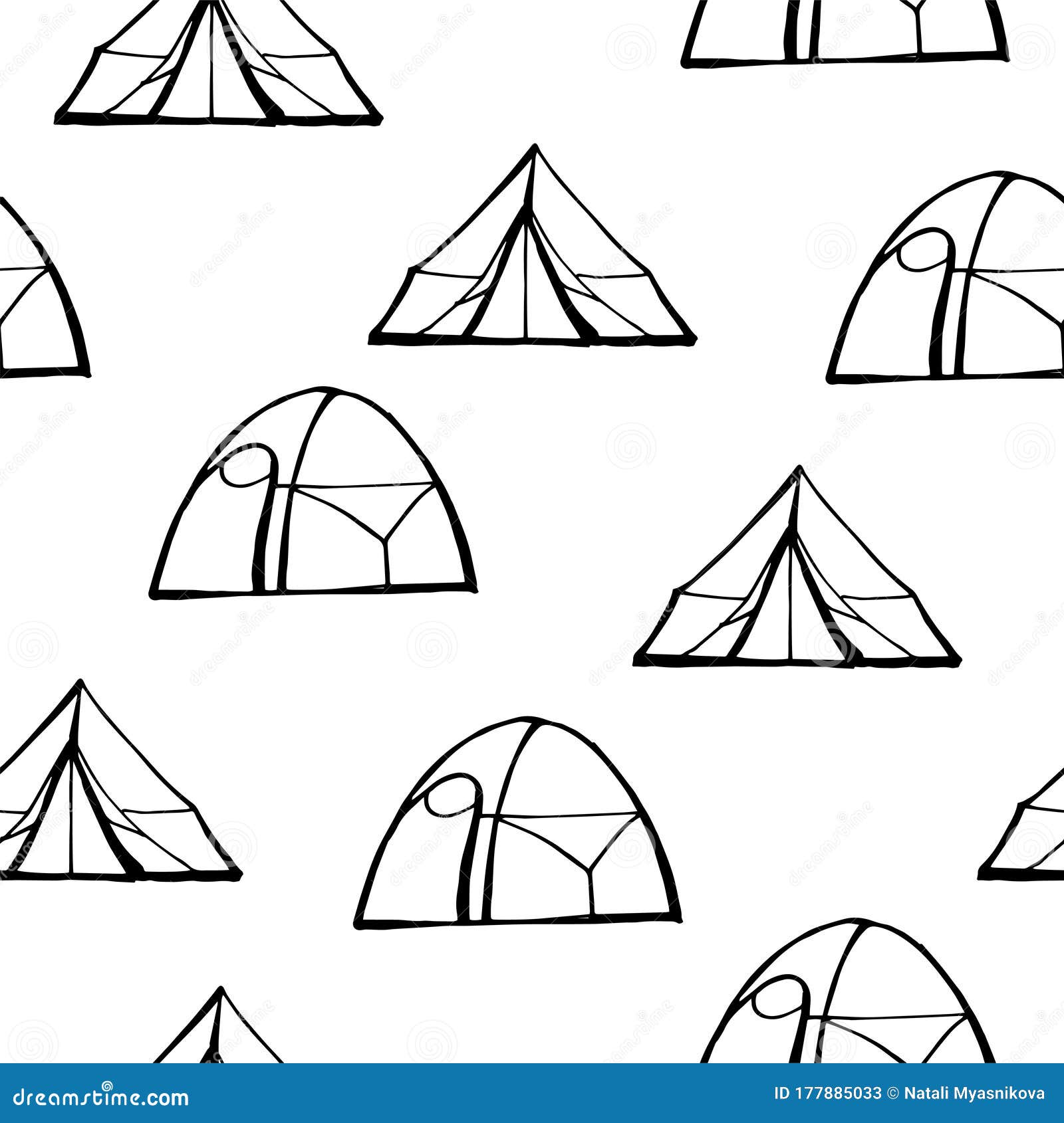 Camping Trip Seamless Pattern. Tiling Textures with Thin Line Black and ...