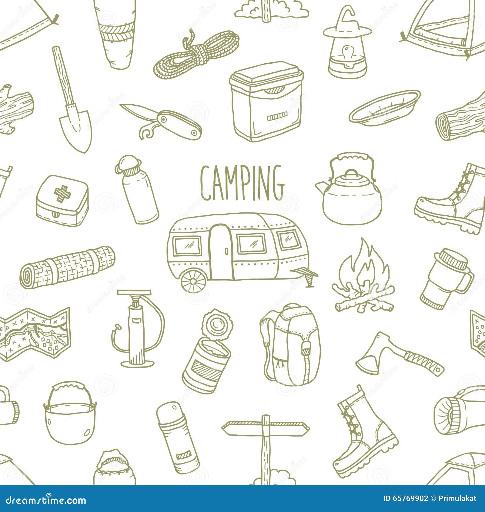 Camping Vector Hand Drawn Seamless Pattern Stock Vector - Illustration ...