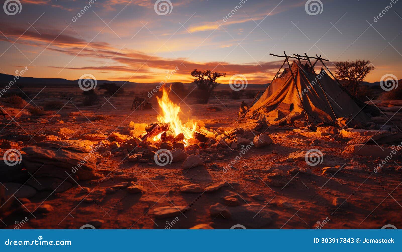 Camping in the Wilderness, a Tranquil Scene with Glowing Campfire ...