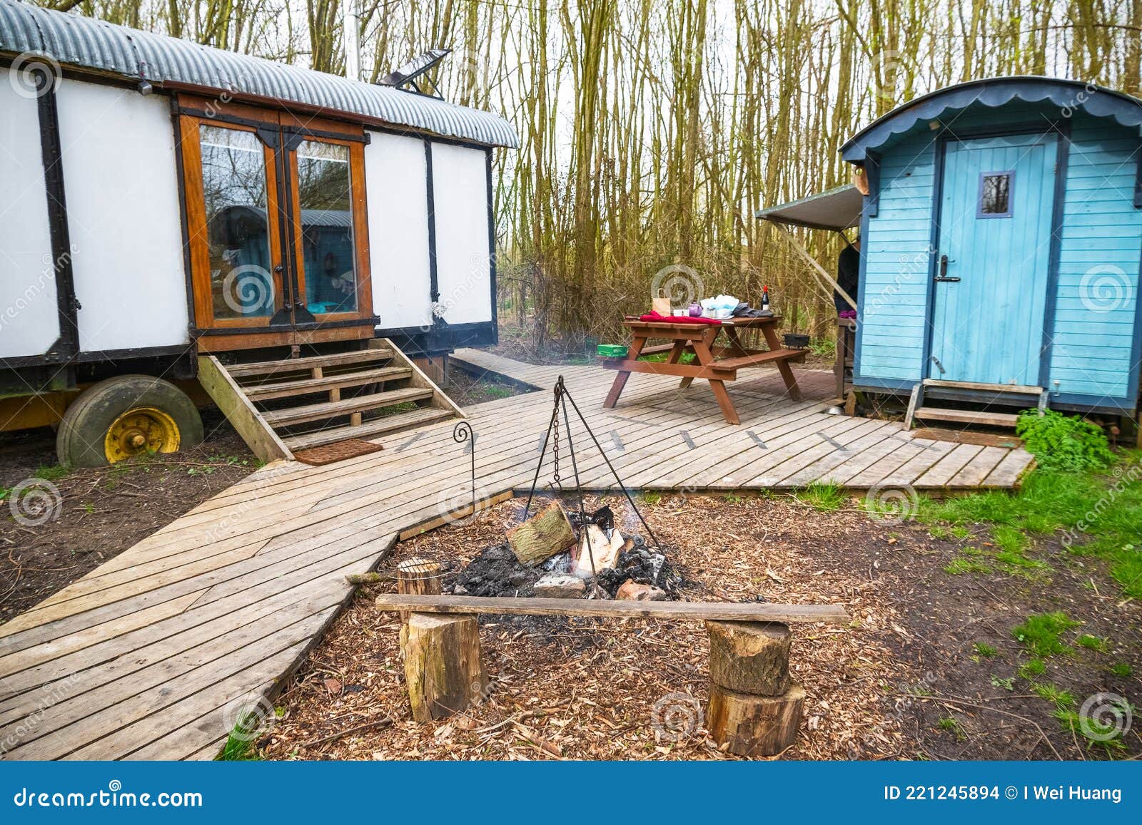 Camping in a Wood with Converted Train Carriages in England Stock Photo ...