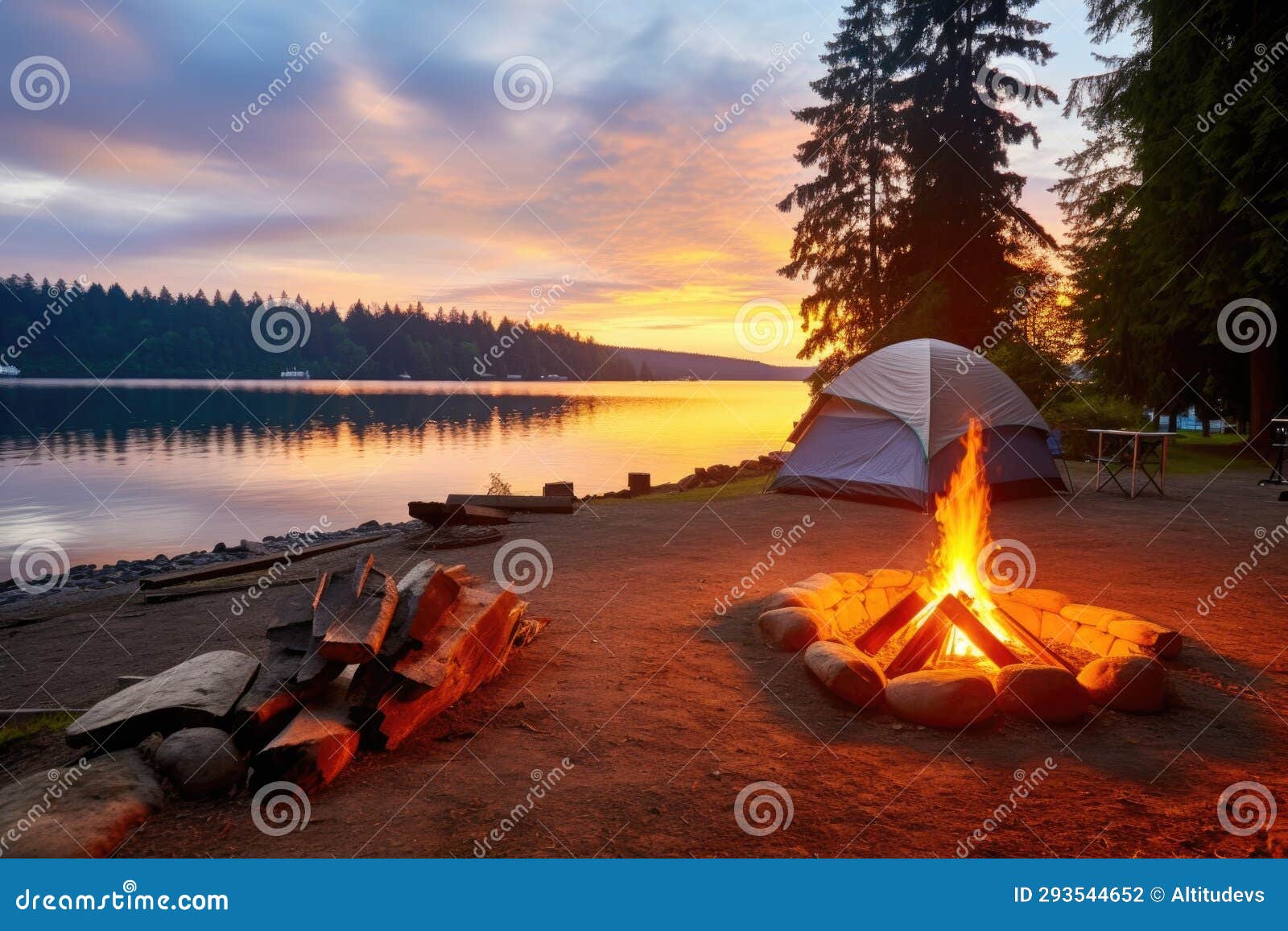 A Campsite with a Bonfire and Tents on Scenic Lakeside Stock Photo ...