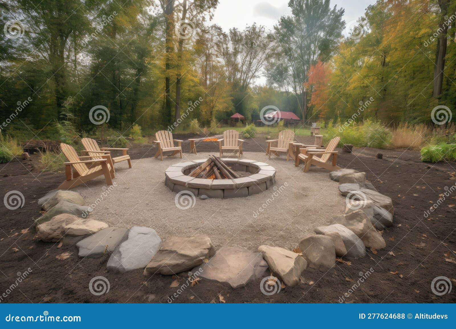 Campsite with Fire Pit and Chairs for Gathering Around Stock Photo ...