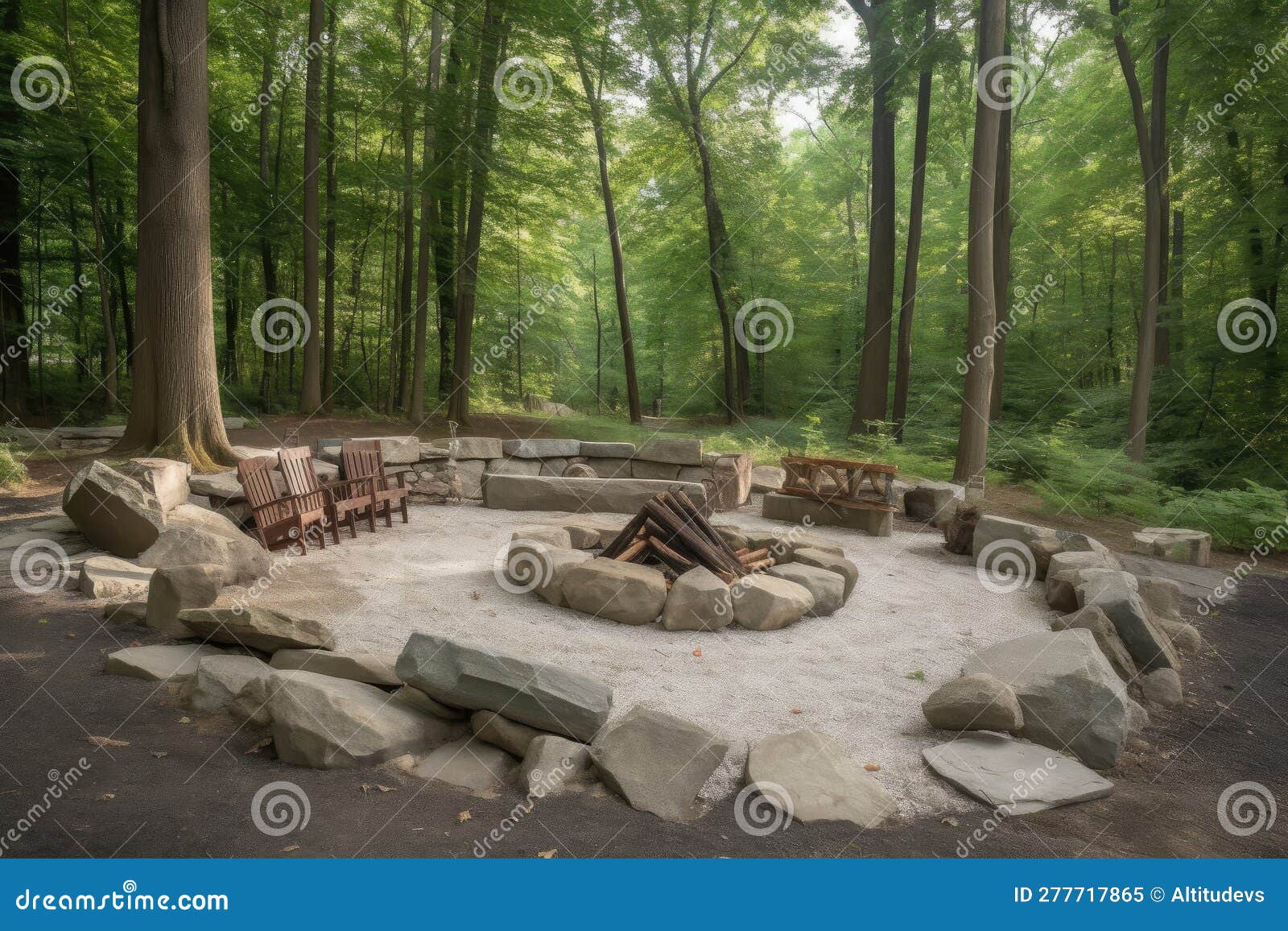 Campsite with Fire Pit and Stone Seating Area, Surrounded by Tall Trees ...