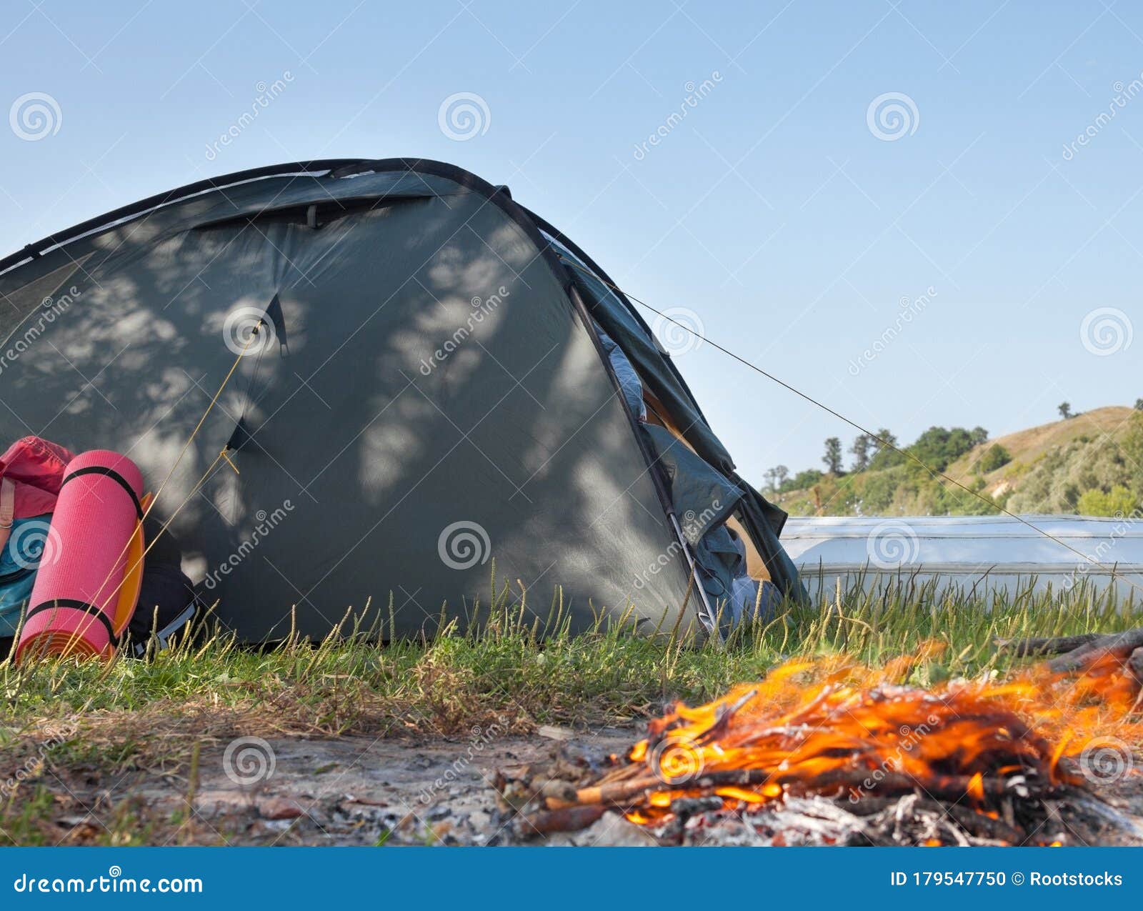 Campsite near the river stock photo. Image of river - 179547750