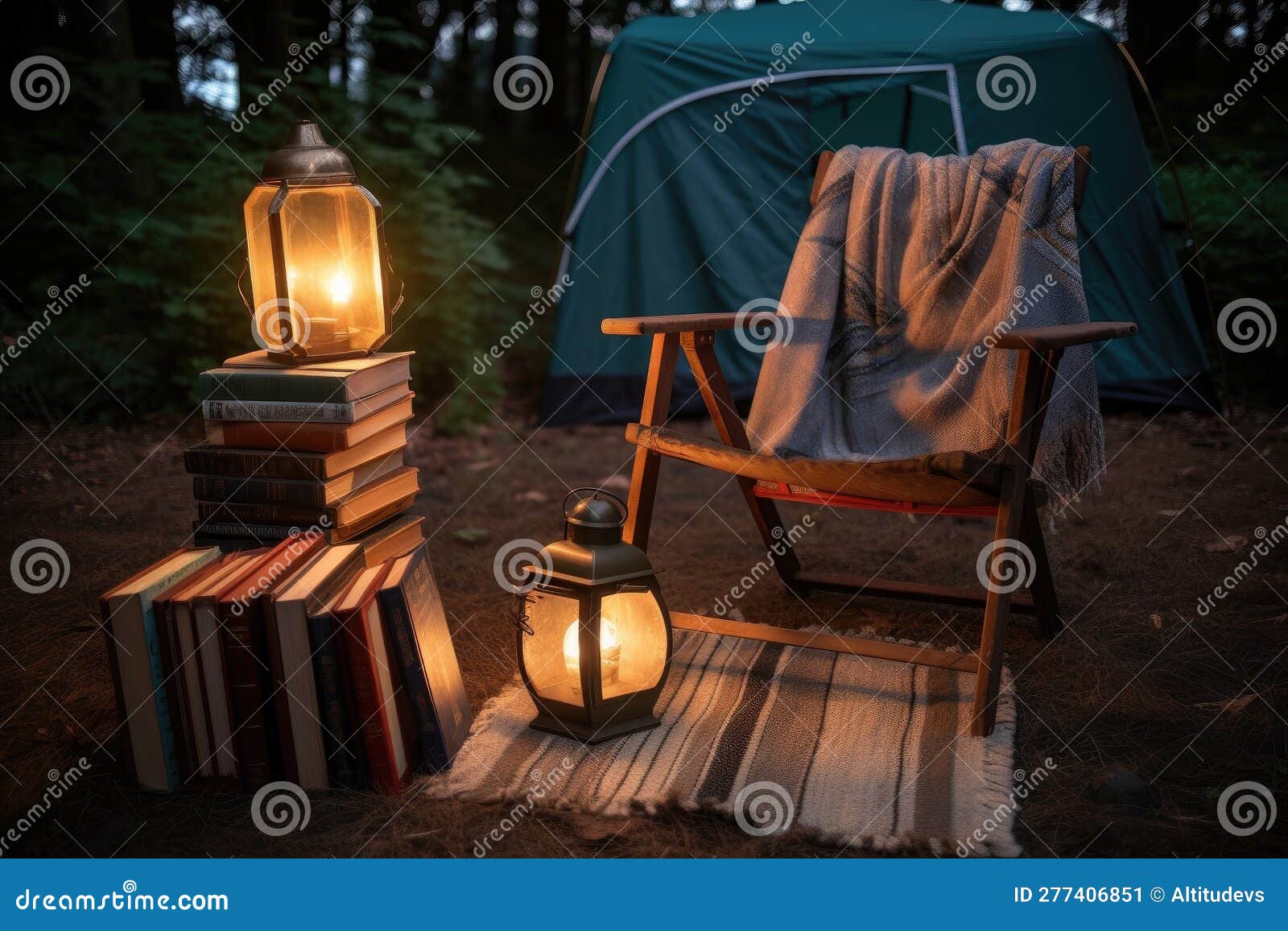 Campsite Setup with Lantern, Chair, and Book for Cozy Reading Stock ...
