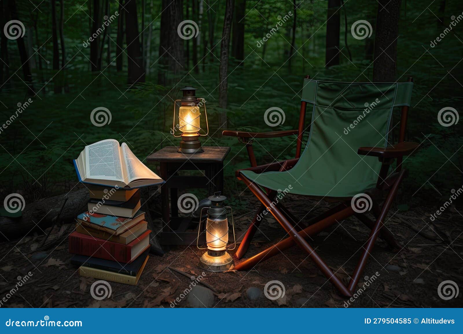 Campsite Setup with Lantern, Chair, and Book for Cozy Reading Stock ...