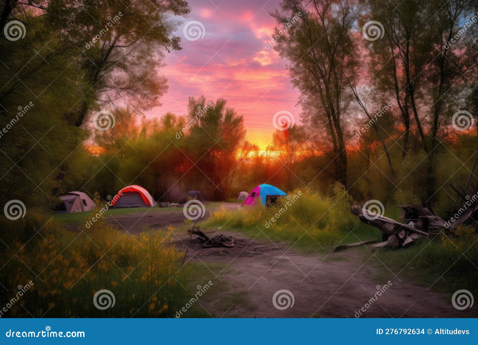 Campsite at Sunset, with Vibrant Colors and Warm Lighting Stock ...