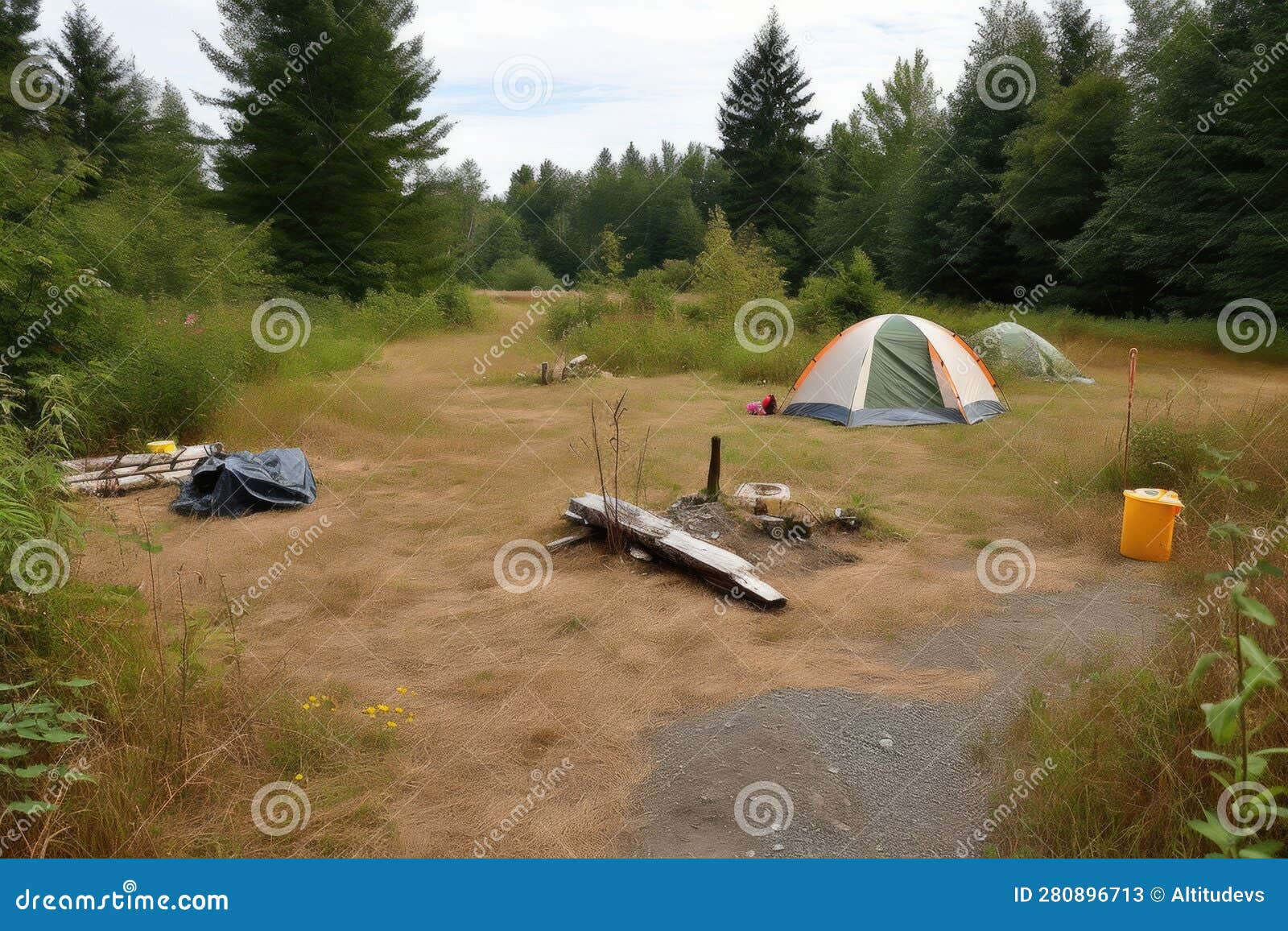 Campsite with Trail Markers and Tent in the Background Stock ...