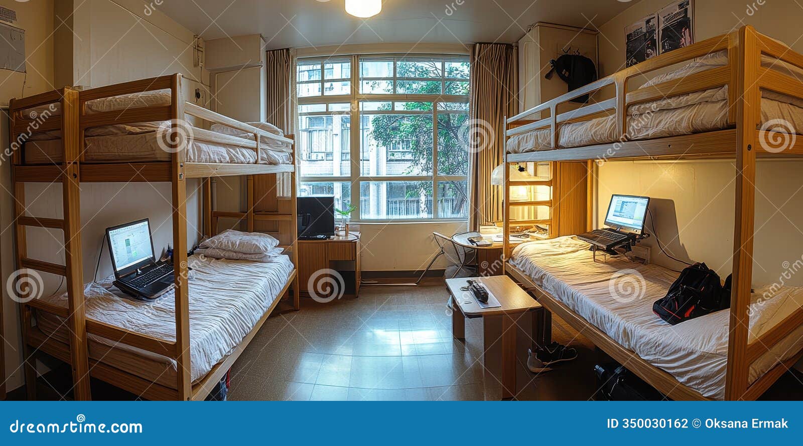 Campus Dormitory Interior with Bunk Beds, Wardrobes, Tables, and ...