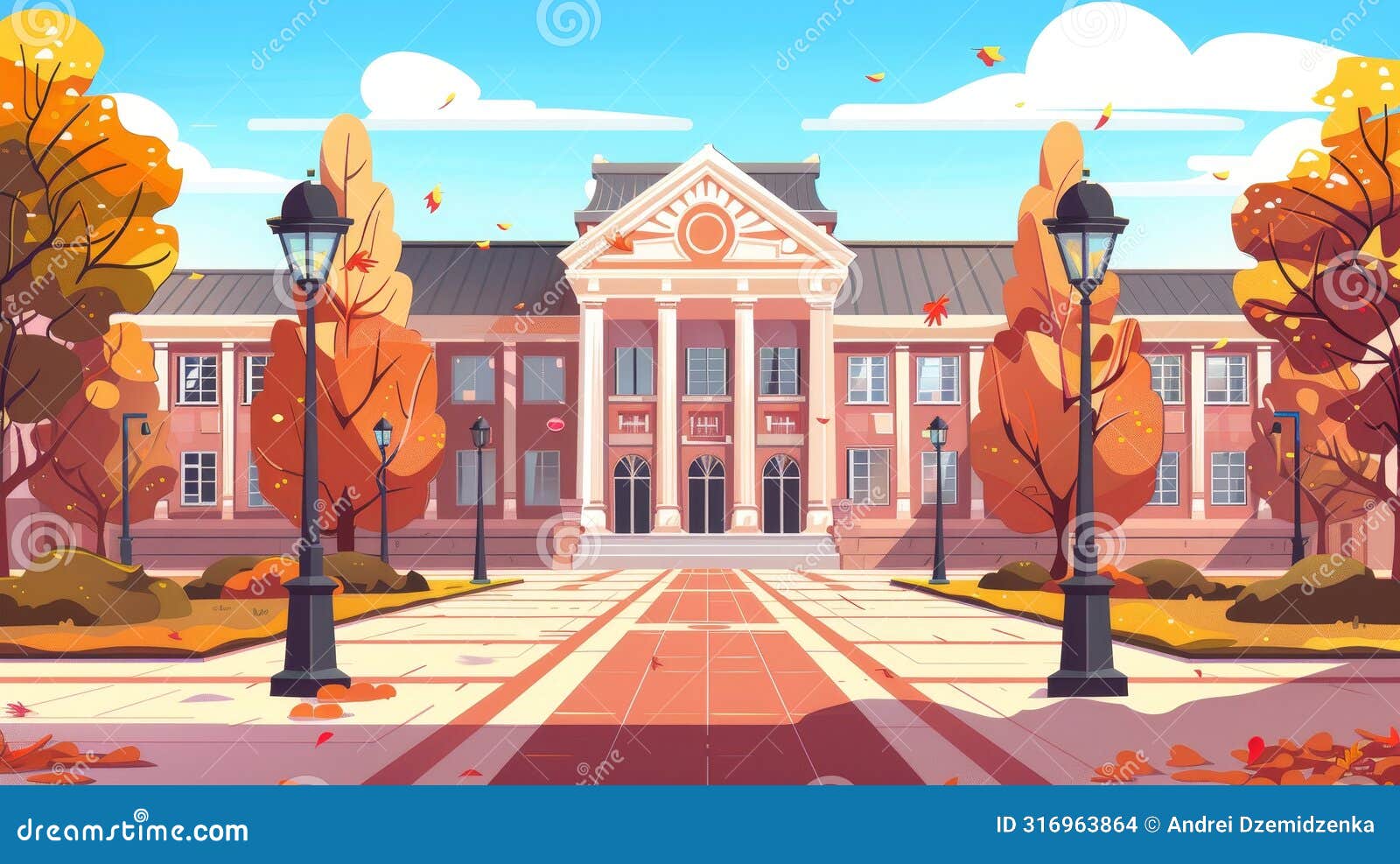 Campus or Library Facade with Autumn Trees, Street Lights, and Tile ...