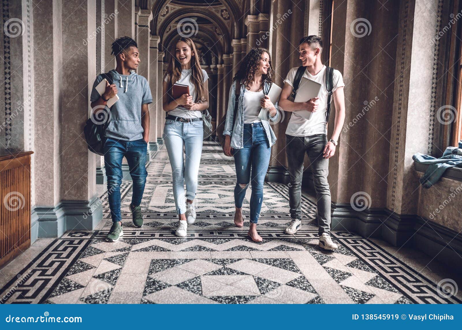 Campus Life is Awesome!Group of Students are Walking in University Hall ...