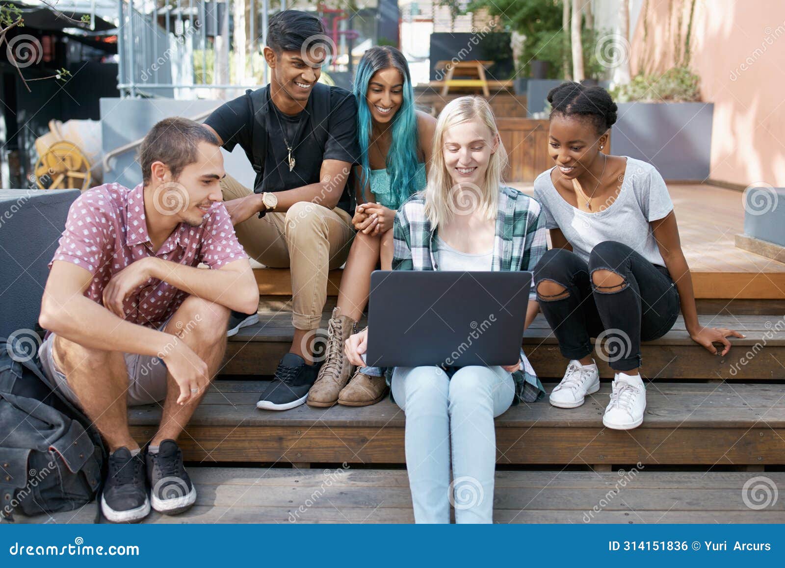 Campus Steps, Laptop and Friends at University for Learning, Research ...