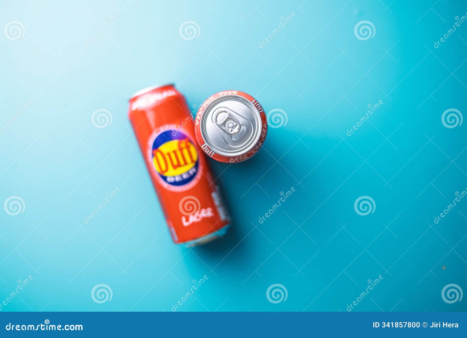 Can of American Duff Beer on Blue Background. Top View Editorial Image ...