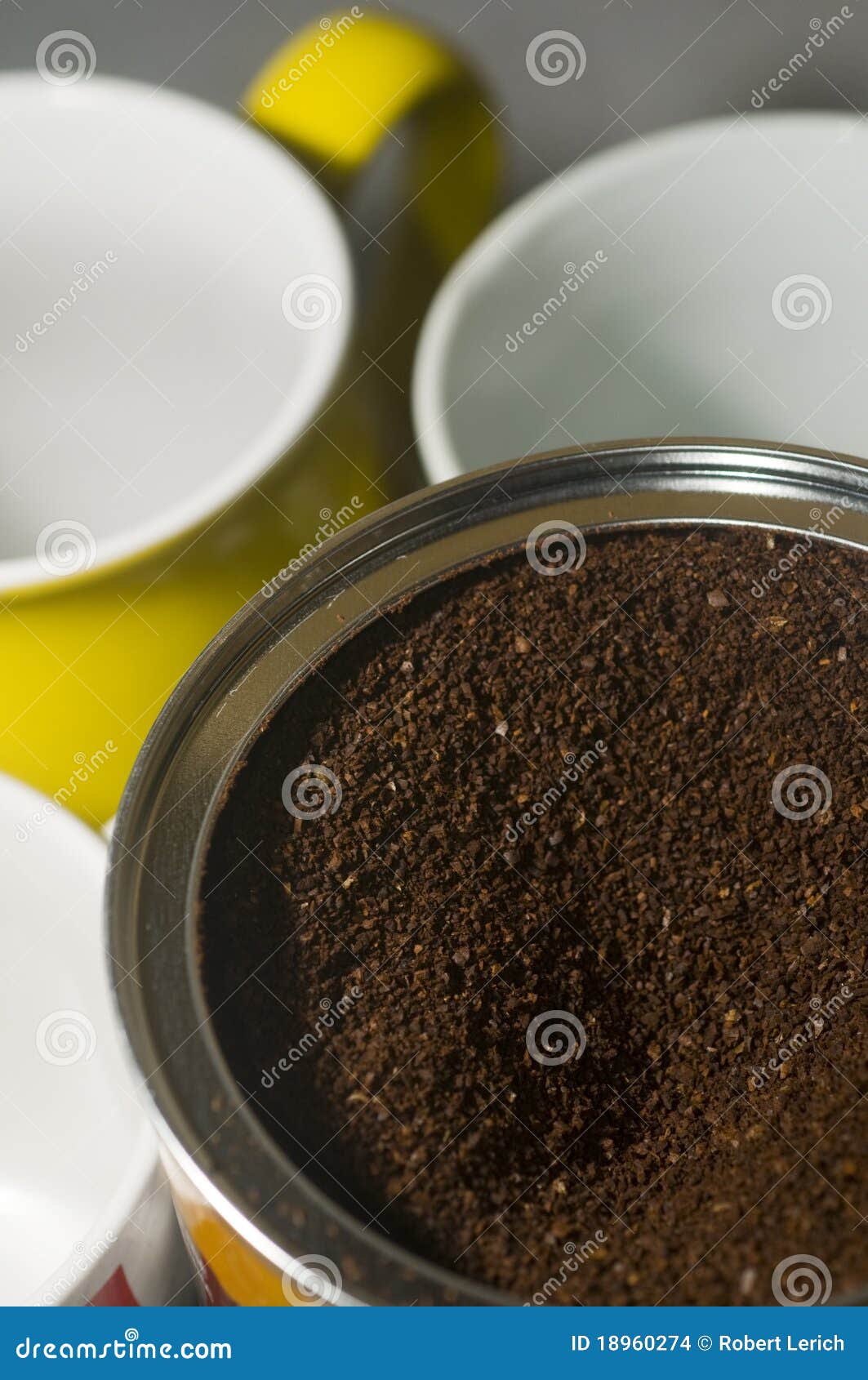 Can of Ground Coffee Beans with Mugs Stock Photo - Image of people ...
