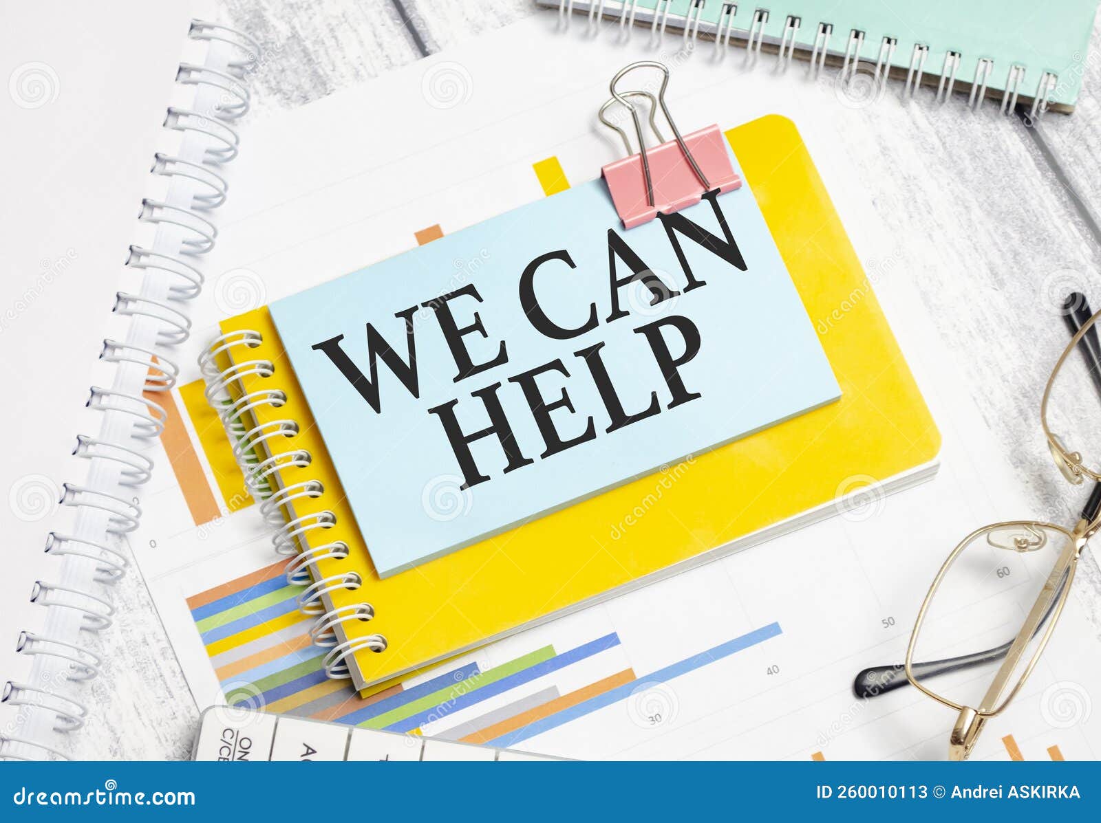 We Can Help Words on Blue Sticker and Pen, Charts and Calculator Stock ...