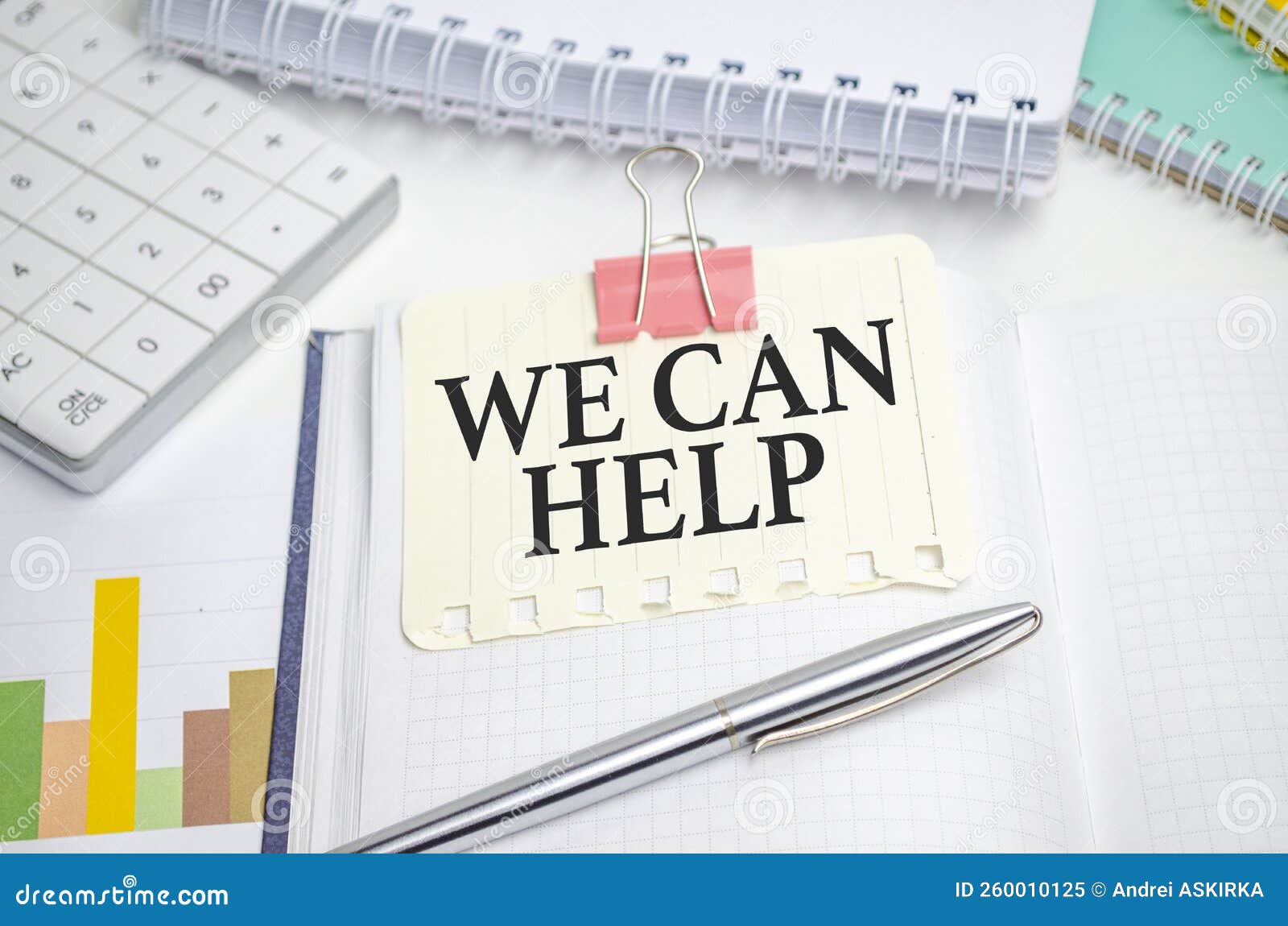 We Can Help Words on Notebook and Pen, Charts and Calculator Stock ...