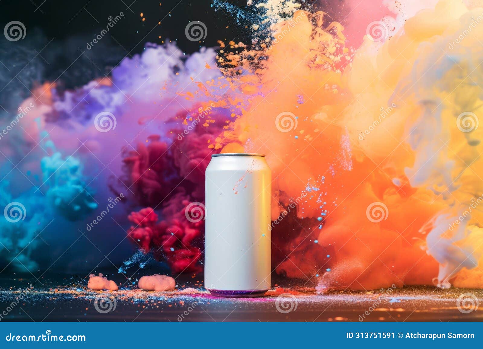 A Can of Soda is Sitting in the Middle of a Colorful Explosion of Smoke ...