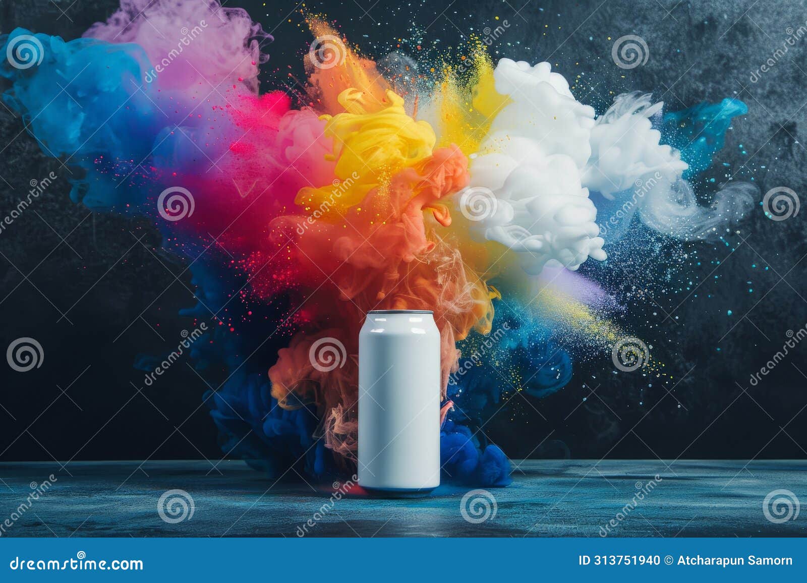 A Can of Soda is Sitting in the Middle of a Colorful Explosion of Smoke ...