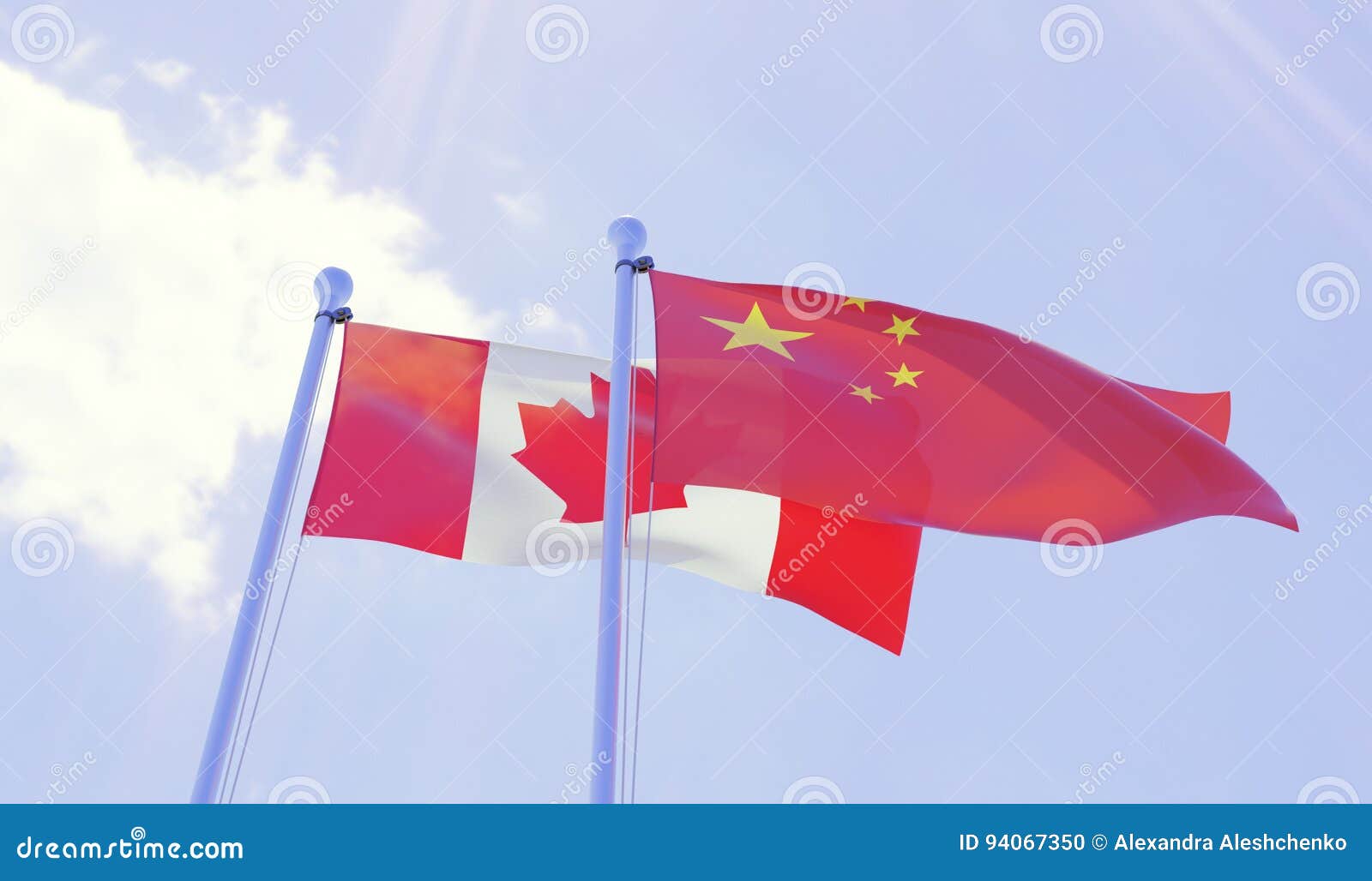 Canada and China, Flags Waving Against Blue Sky Stock Illustration ...