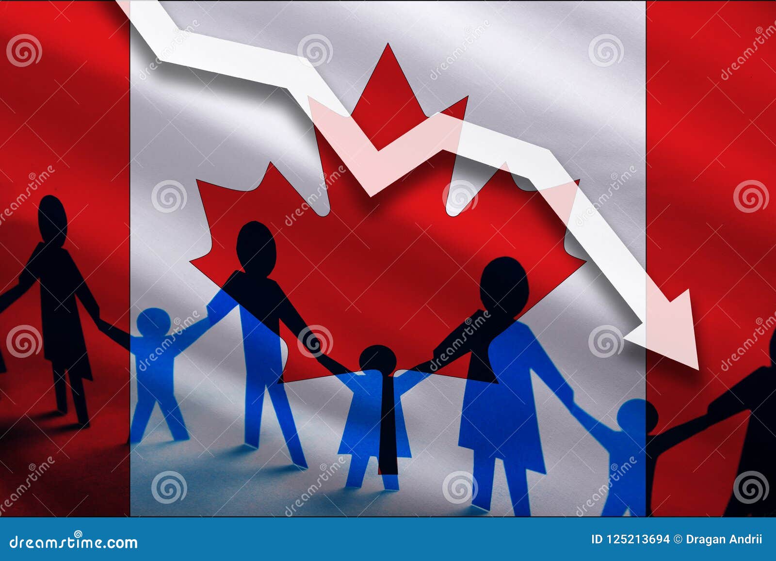 Canada Flag Background of the Arrow Chart Down. Decrease in the Number ...