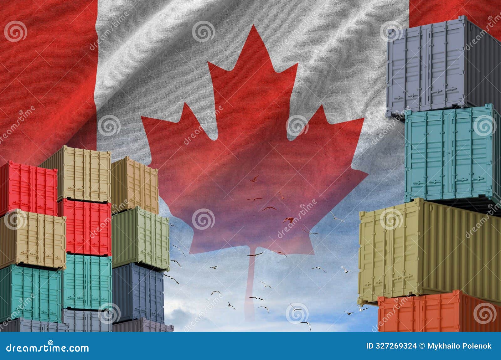 Canada Flag and Big Stack of Shipping Cargo Containers in Docks with ...