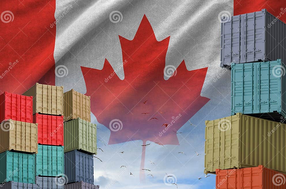 Canada Flag and Big Stack of Shipping Cargo Containers in Docks with ...