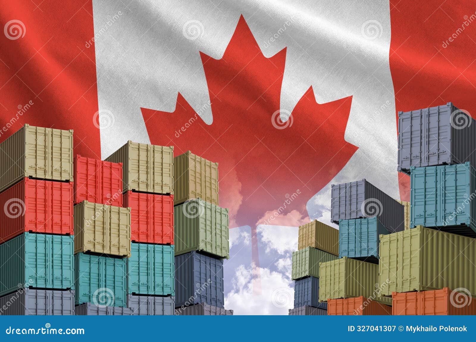 Canada Flag and Big Stack of Shipping Cargo Containers in Docks with ...