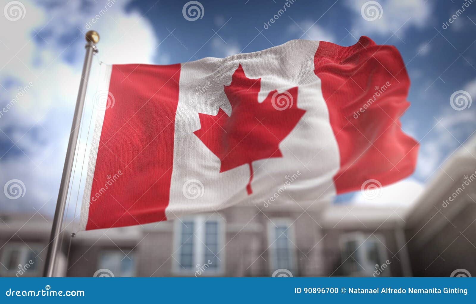 Canada Flag 3D Rendering on Blue Sky Building Background Stock Photo ...