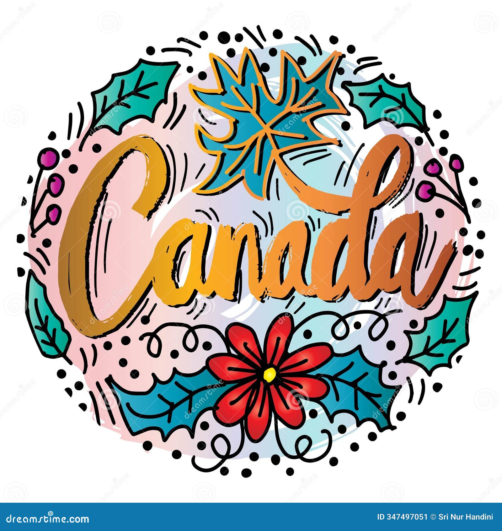 Canada Hand Drawn Lettering with Flowers and Leaves. Stock Vector ...