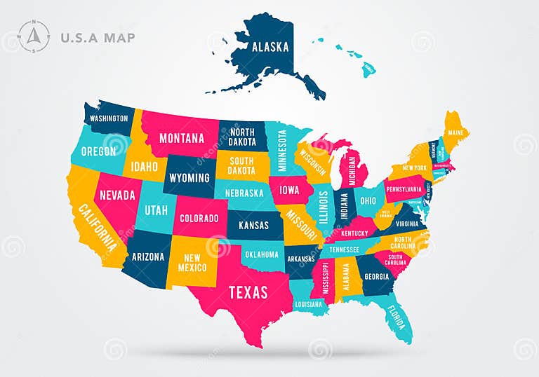 Vector Illustration Colorful Map of United States of America with State ...