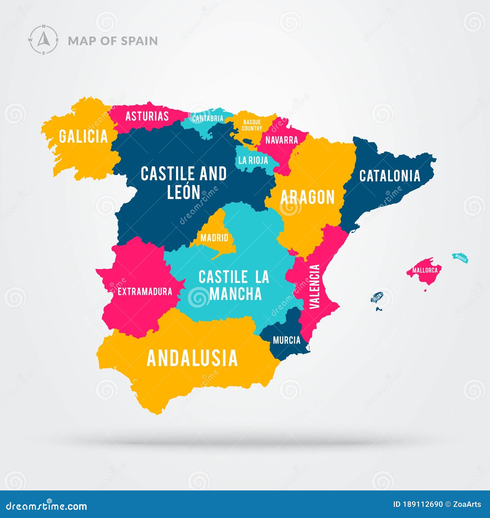 Vector Illustrartion Detailed Map of Spain. Colorful Regions with Names ...