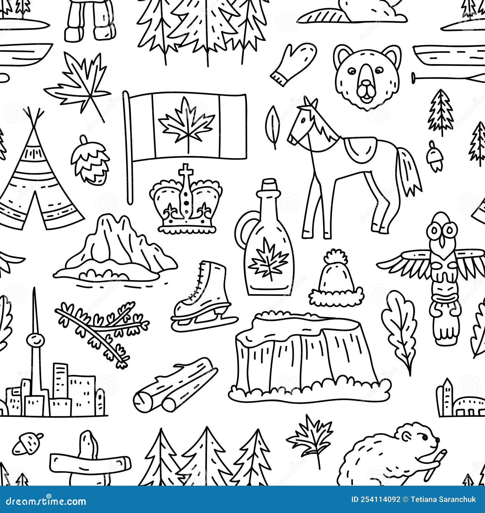 Canada Line Art Sign and Symbol Flat Icons Set in Seamless Pattern ...