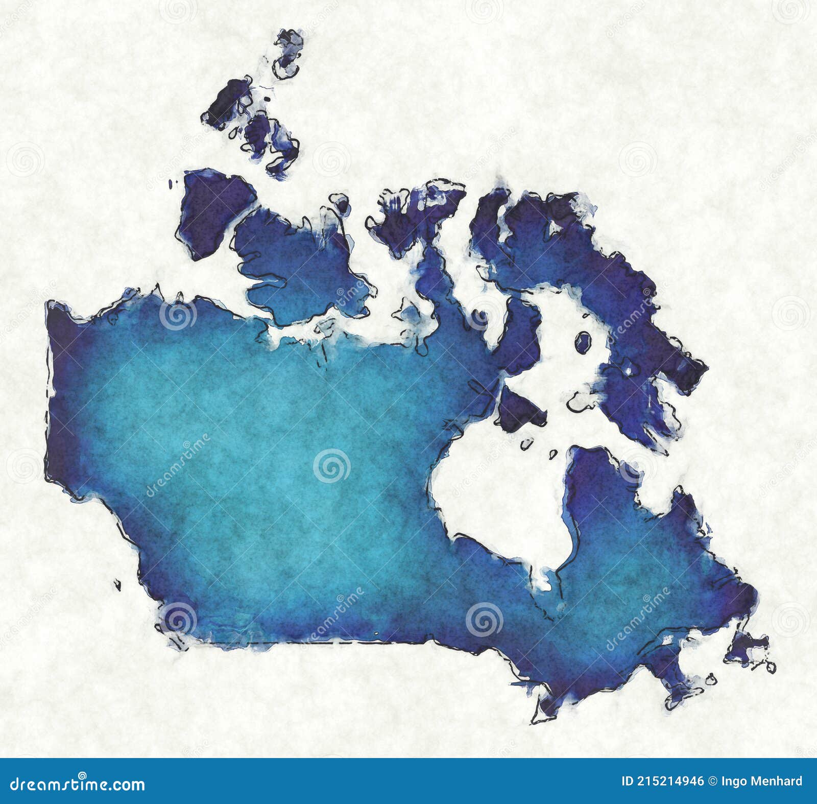 Canada Map with Drawn Lines and Blue Watercolor Illustration Stock ...