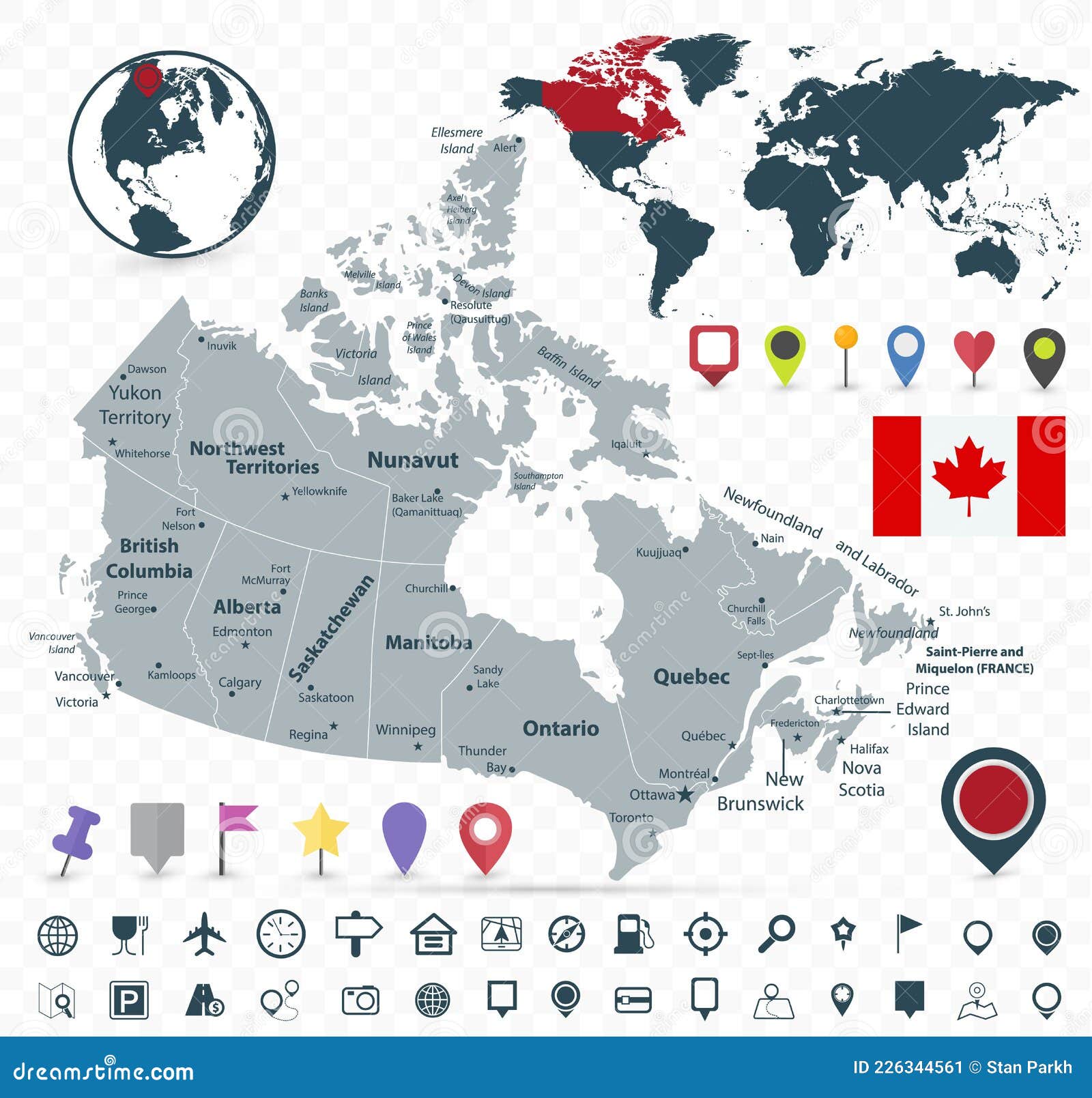 Canada Map Isolated on Transparent Background and Navigation Icon Set ...