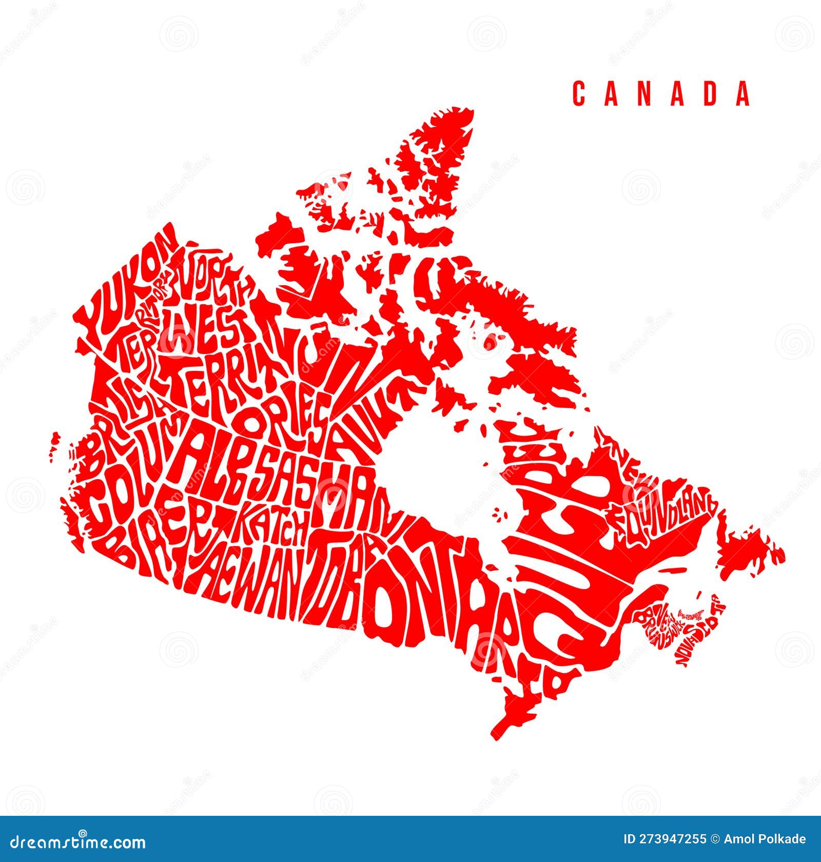 Canada Map Lettering In Red Color. Canada Map Typography States Cartoon ...