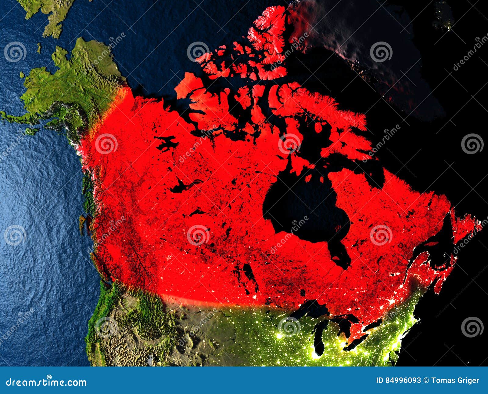 Canada in Red from Space at Night Stock Illustration - Illustration of ...
