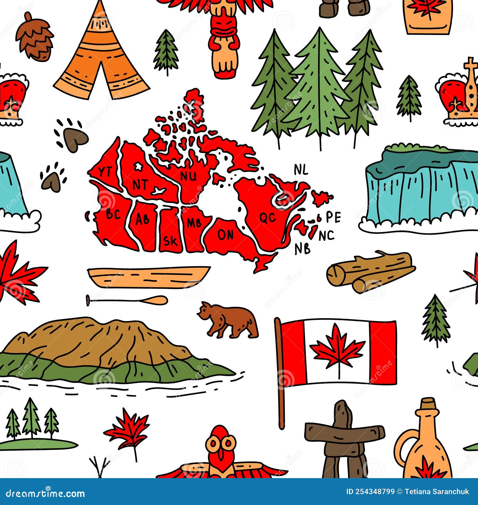 Canada Sign and Symbol Flat Icons Set in Seamless Pattern. Stock Vector ...