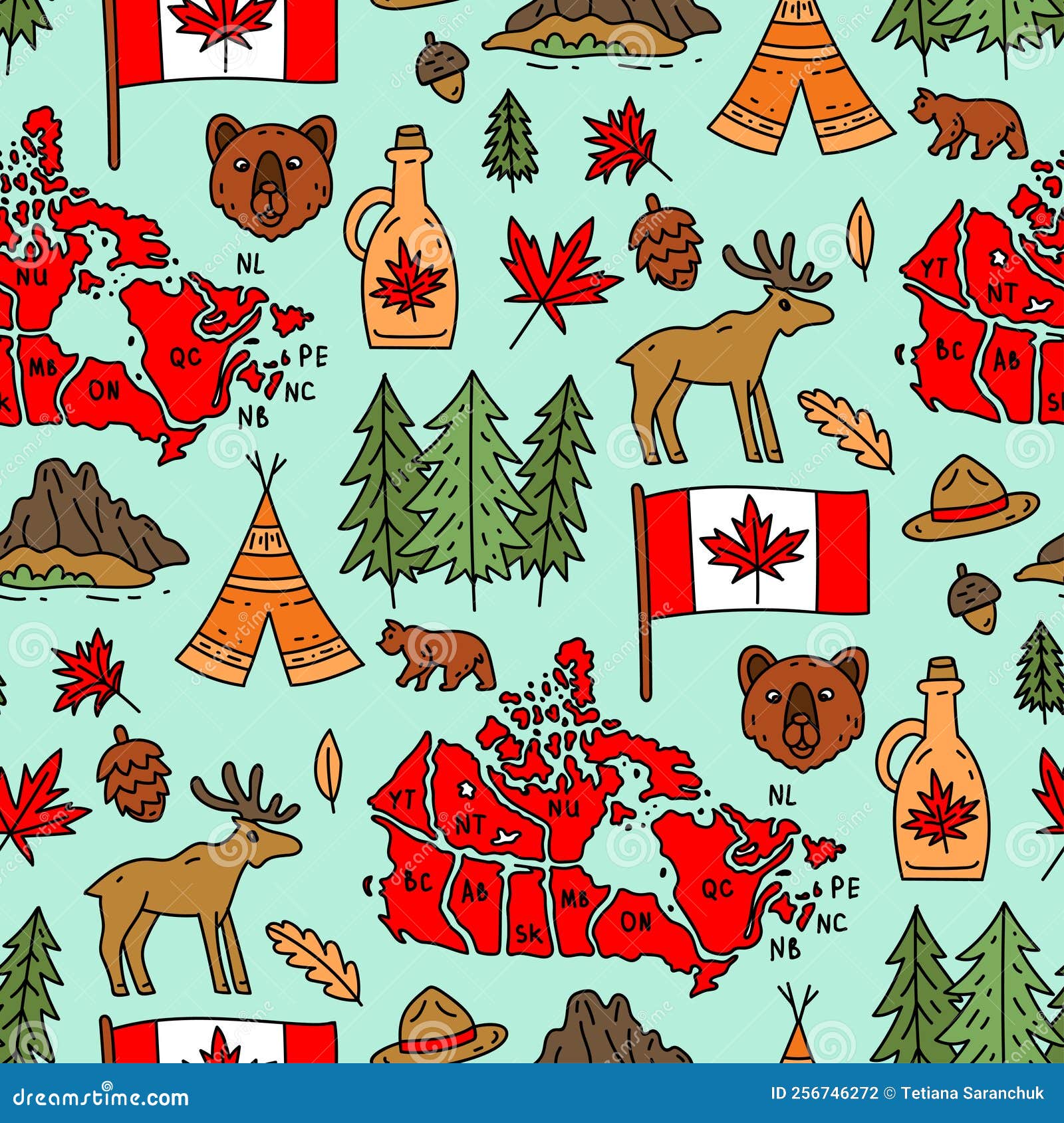Canada Sign and Symbol Flat Icons Set in Seamless Pattern. Stock Vector ...