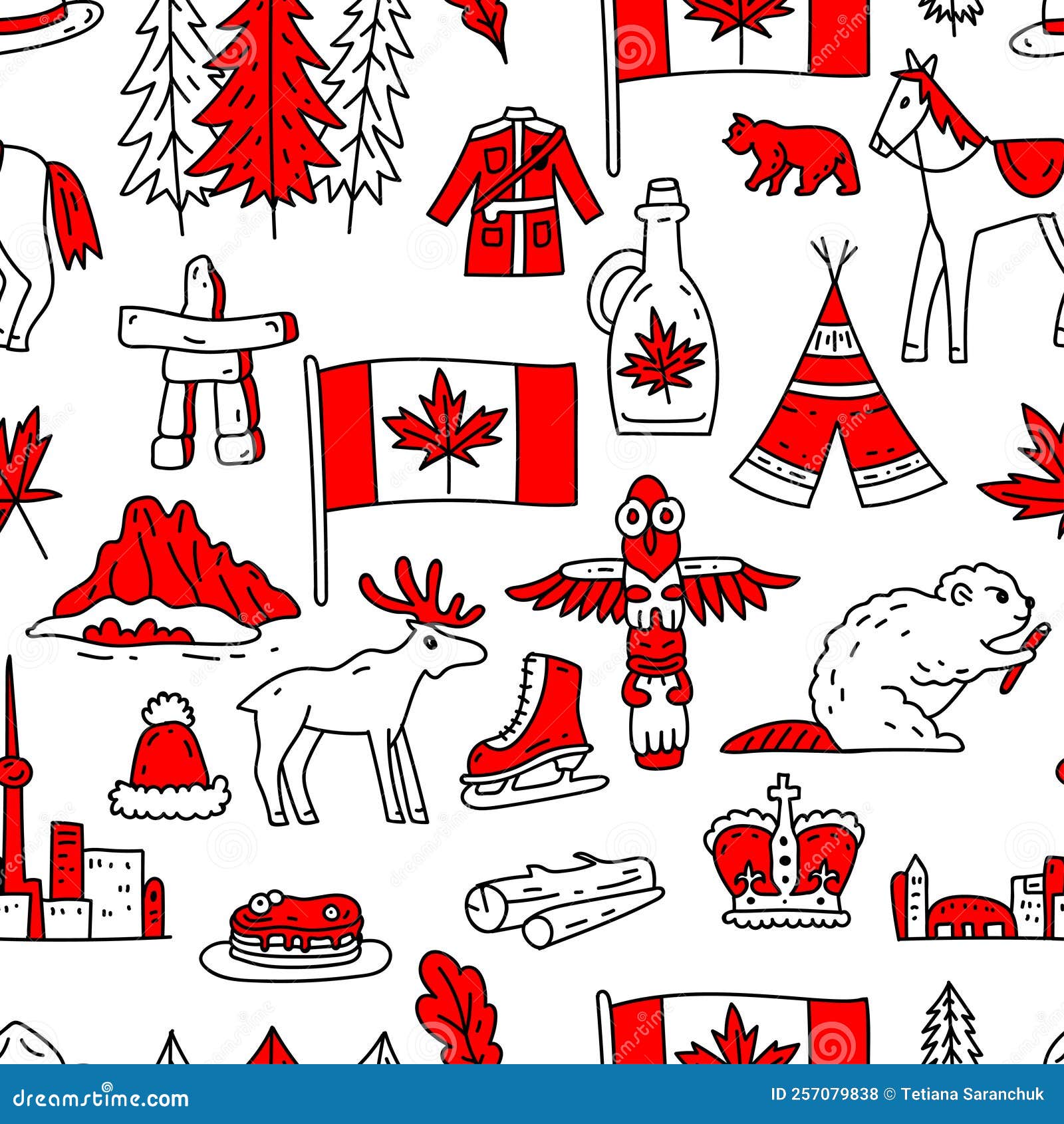 Canada Sign and Symbol Flat Icons Set in Seamless Pattern. Stock Vector ...