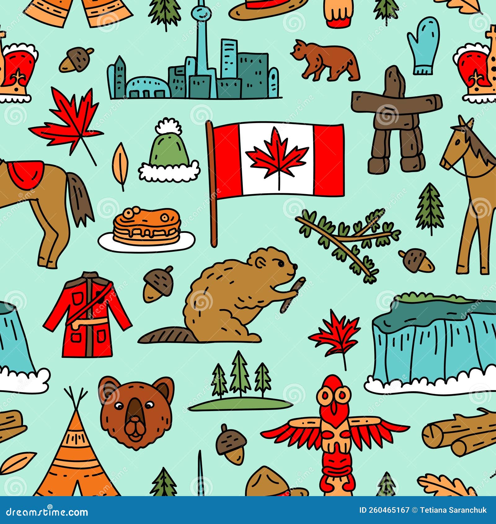 Canada Sign and Symbol Flat Icons Set in Seamless Pattern. Stock Vector ...