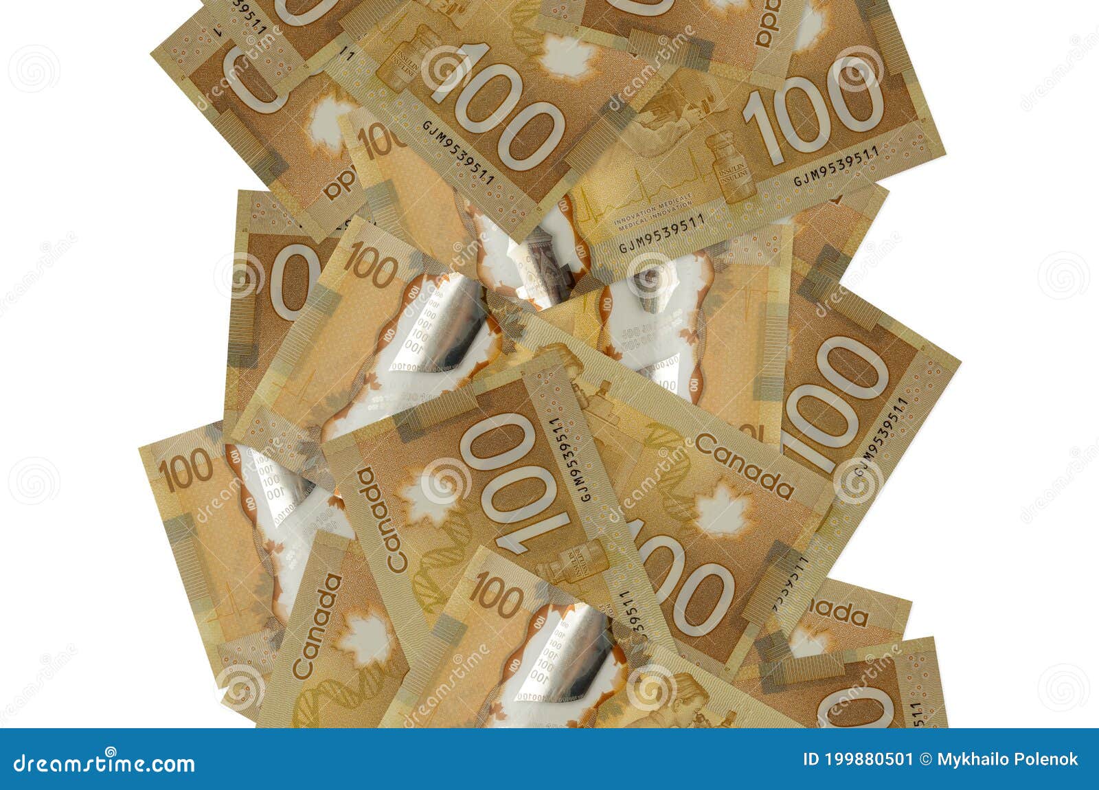 100 Canadian Dollars Bills Flying Down Isolated on White. Many ...