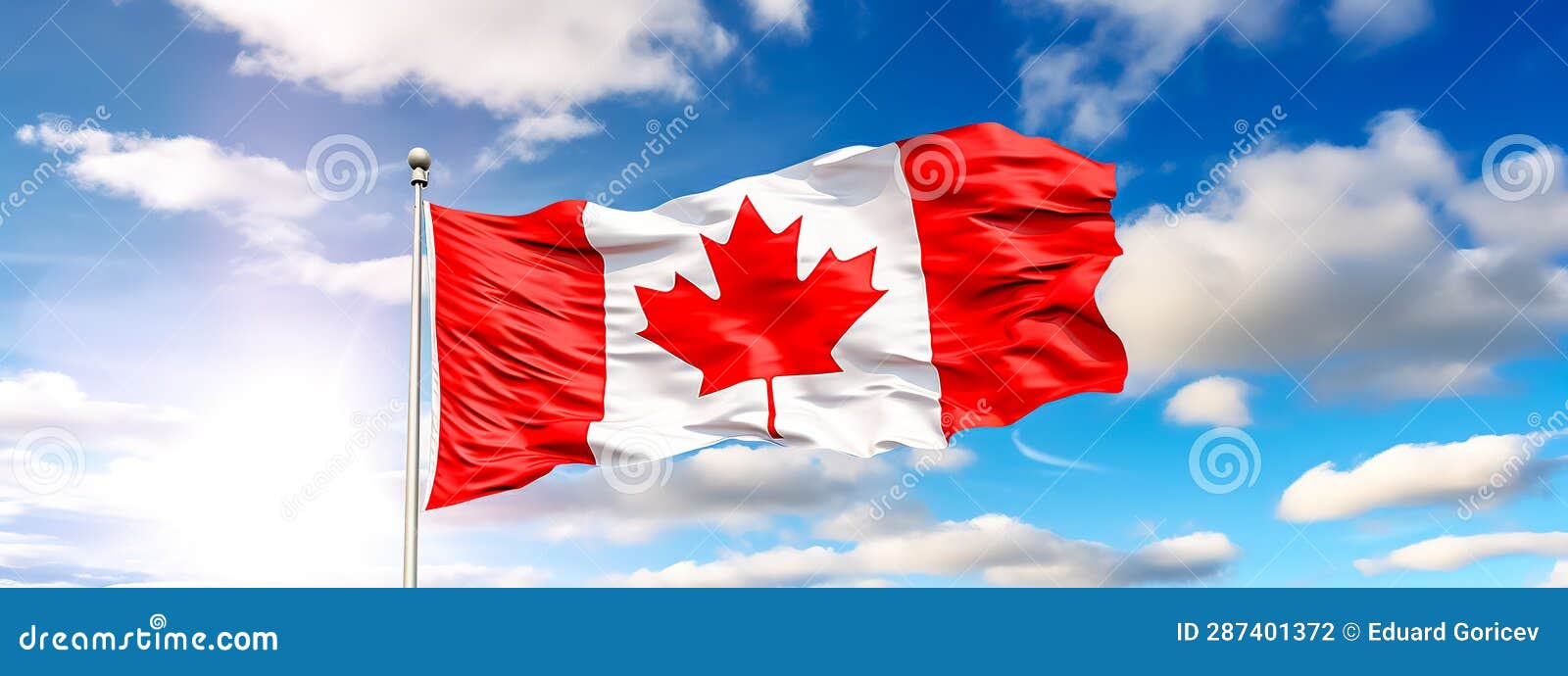 Canadian Flag Flying in Blue Sky, Banner Stock Photo - Image of silk ...
