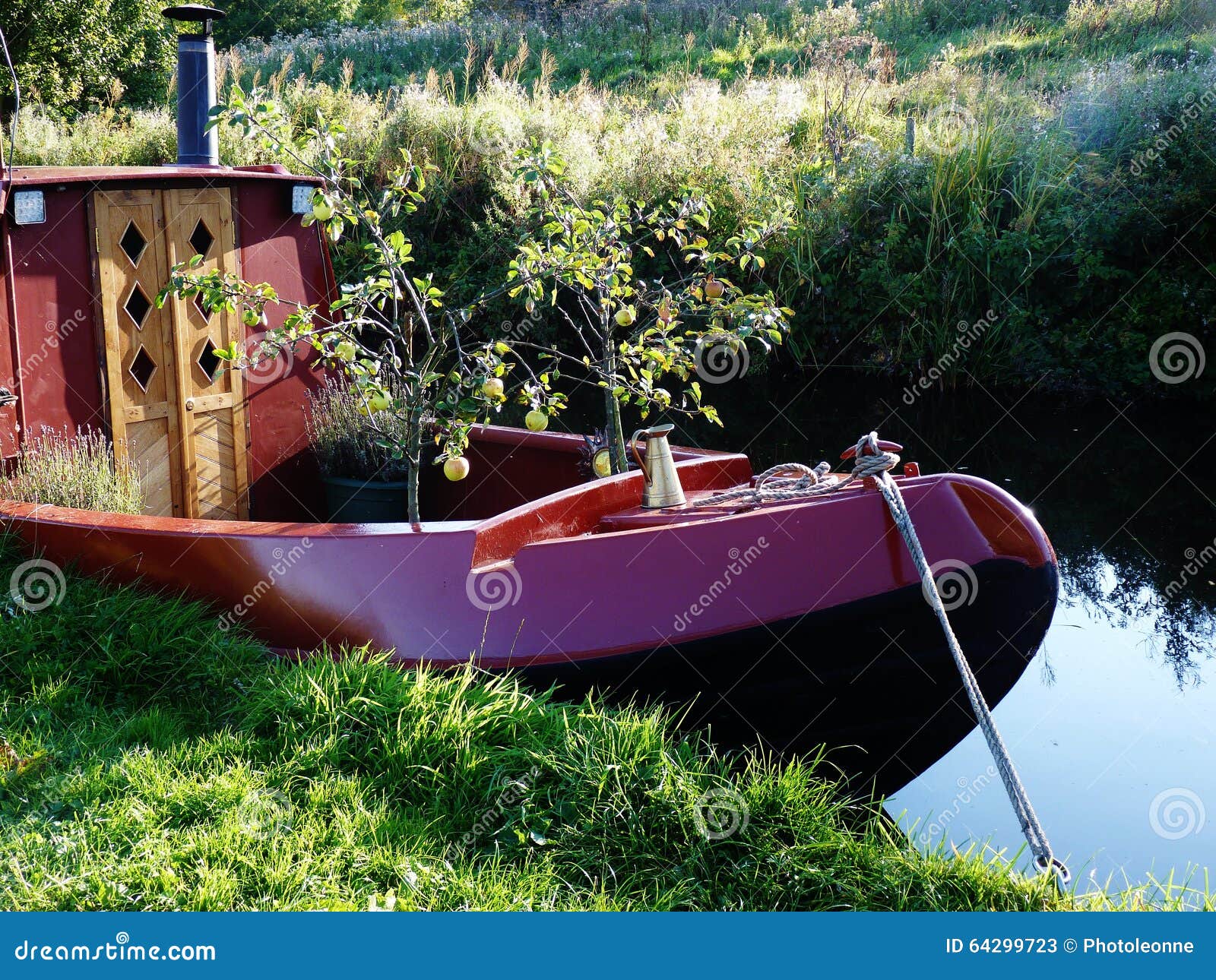Canal Barge with Small Fruit Trees Growing River Stock Image - Image of ...