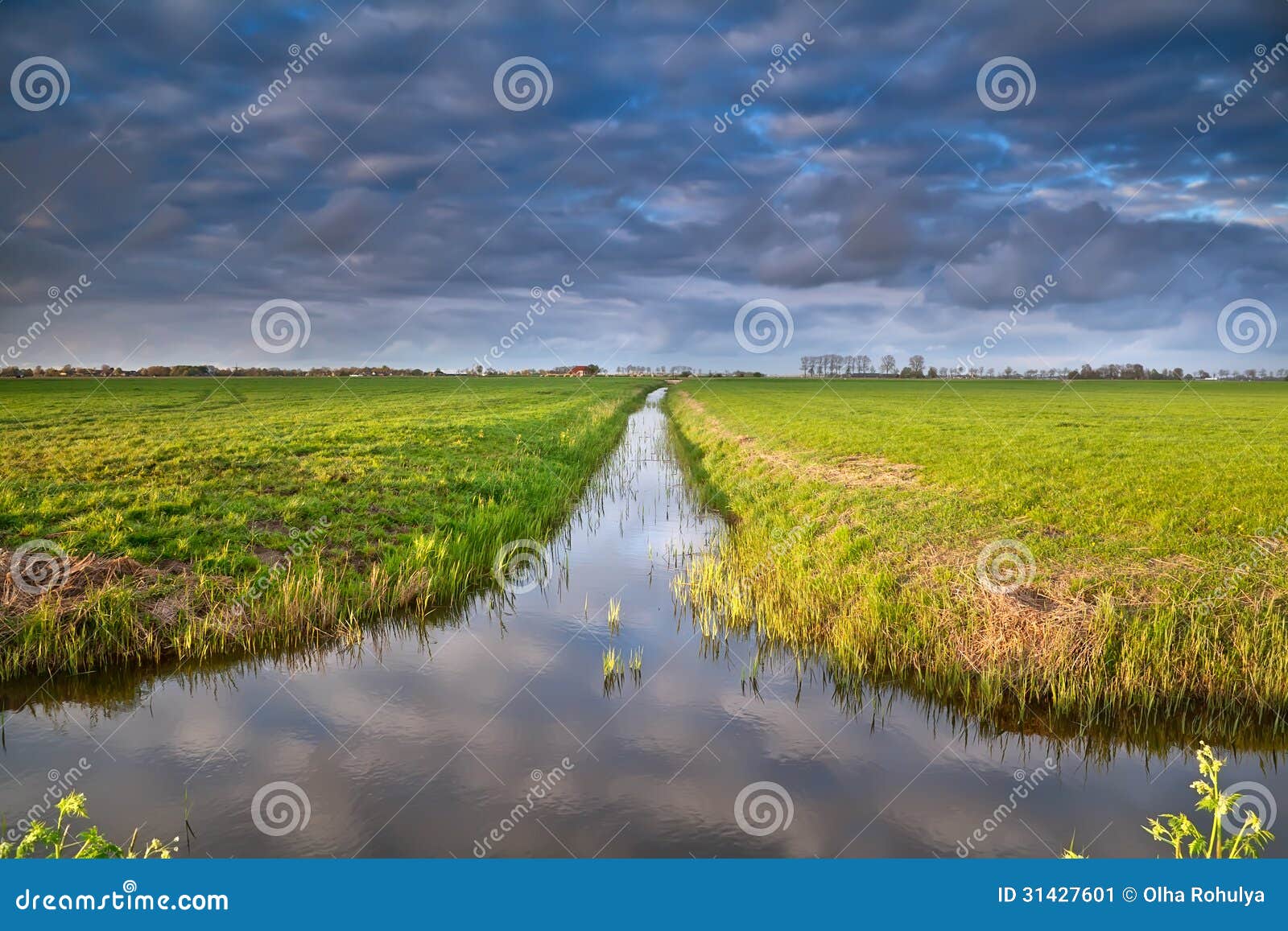 Canal in Dutch Farmland with Reflected Sky Stock Image - Image of canal ...