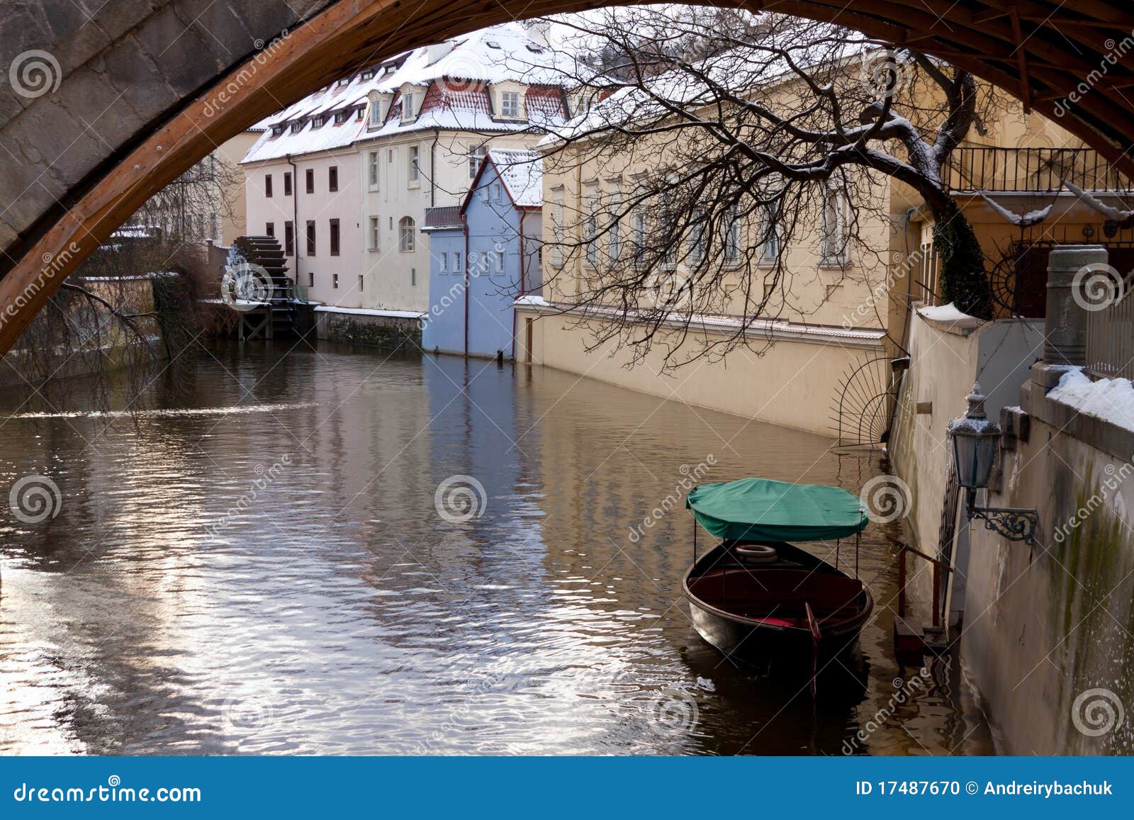 Canal in Prague with Boat and a Watermill Stock Photo - Image of ...