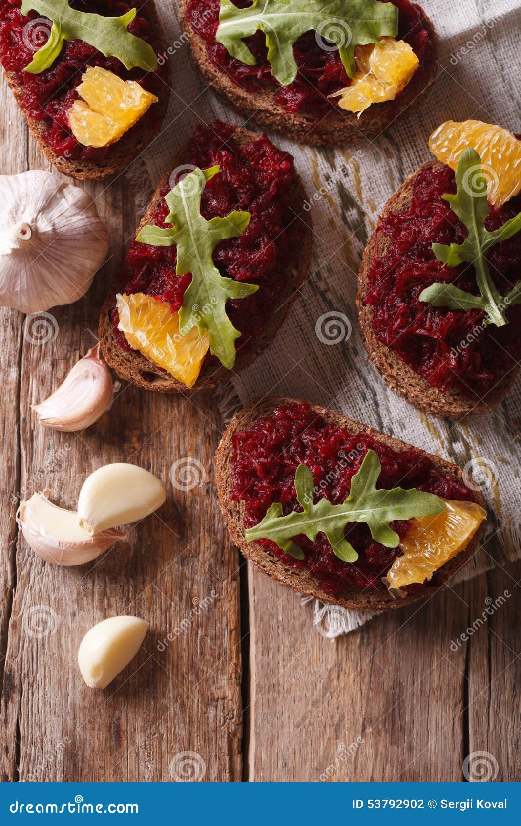 Canape with Beets, Oranges and Rucola. Top View Vertical Stock Photo ...