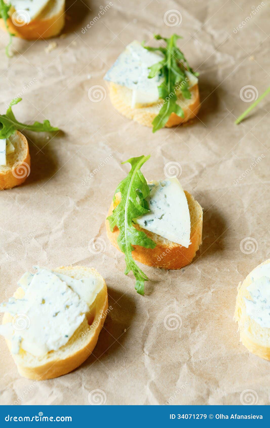 Canape with Blue Cheese and Fresh Rocket Stock Image - Image of lunch ...