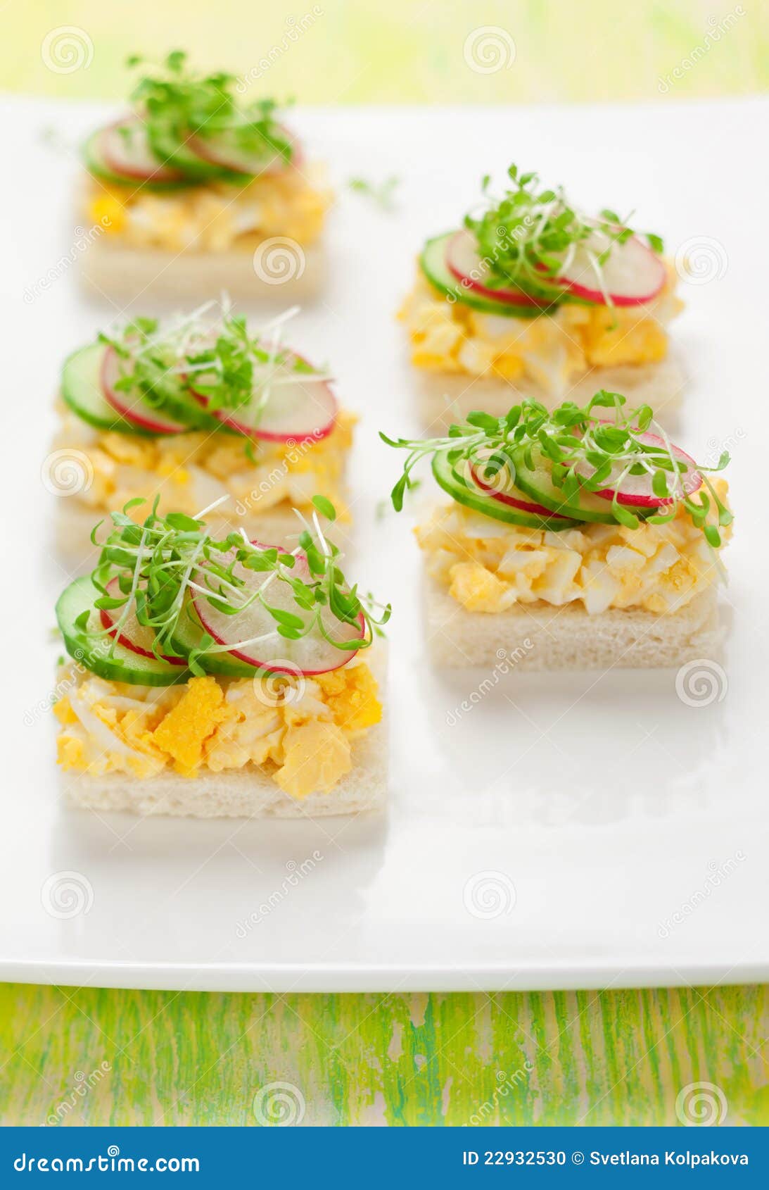 Canape with Egg, Cucumber, Radishes and Cress Stock Photo - Image of ...