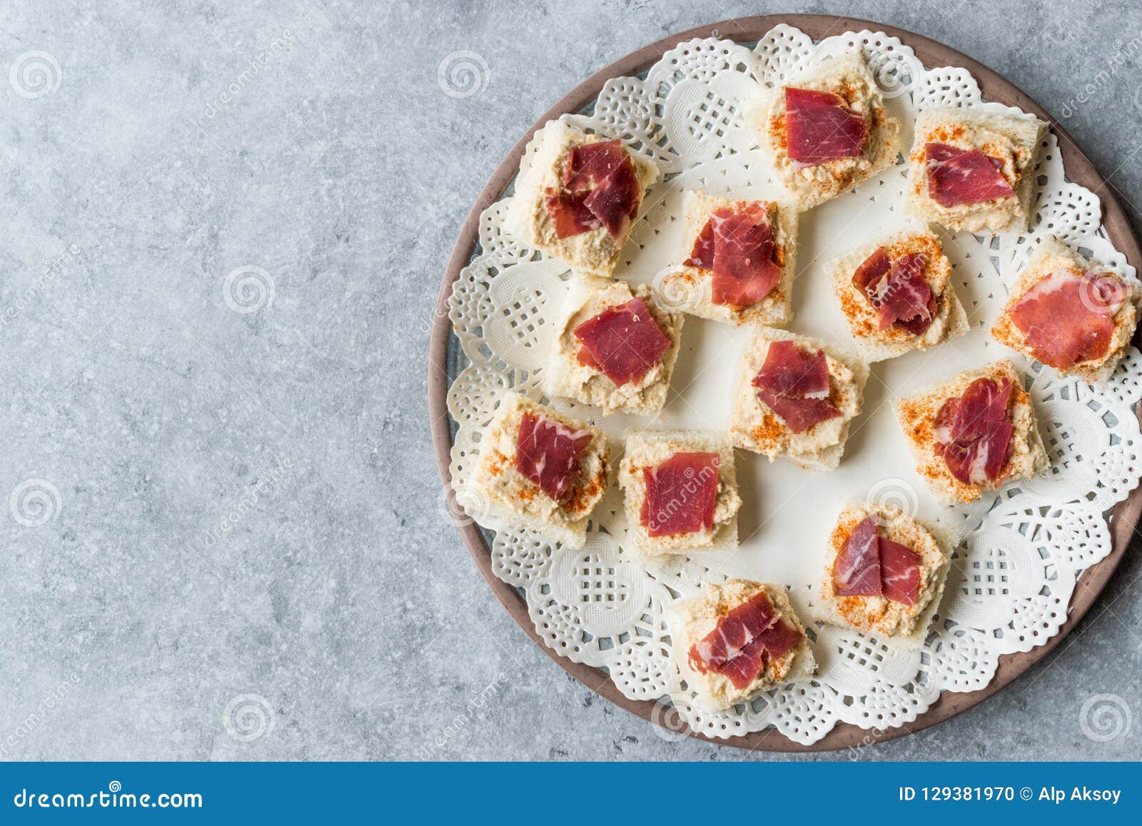 Canape with Pastrami / Pastirma Ham and Hummus on Small Square Bread ...